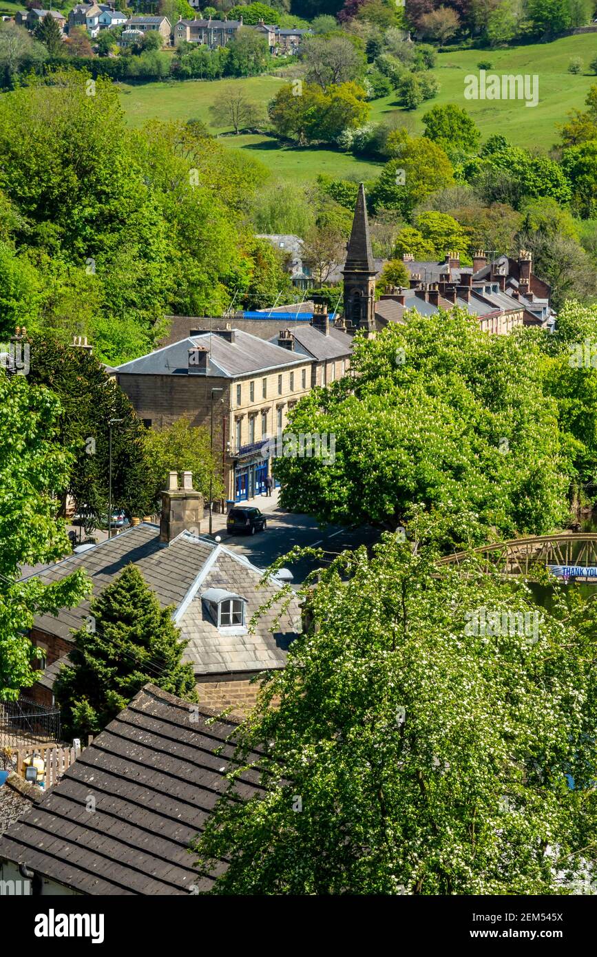 Early summer view of rooftops and chimneys in Matlock Bath a village in ...