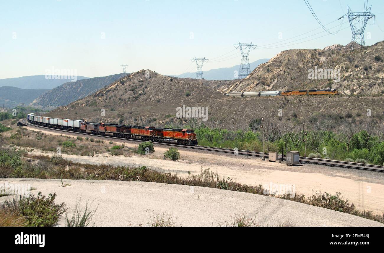 Two freight trains in the Cajon Pass, California, USA Stock Photo - Alamy