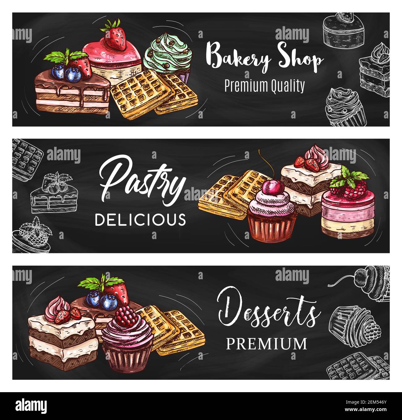 Pastry dessert blackboard banners with sweet food chalk sketches ...