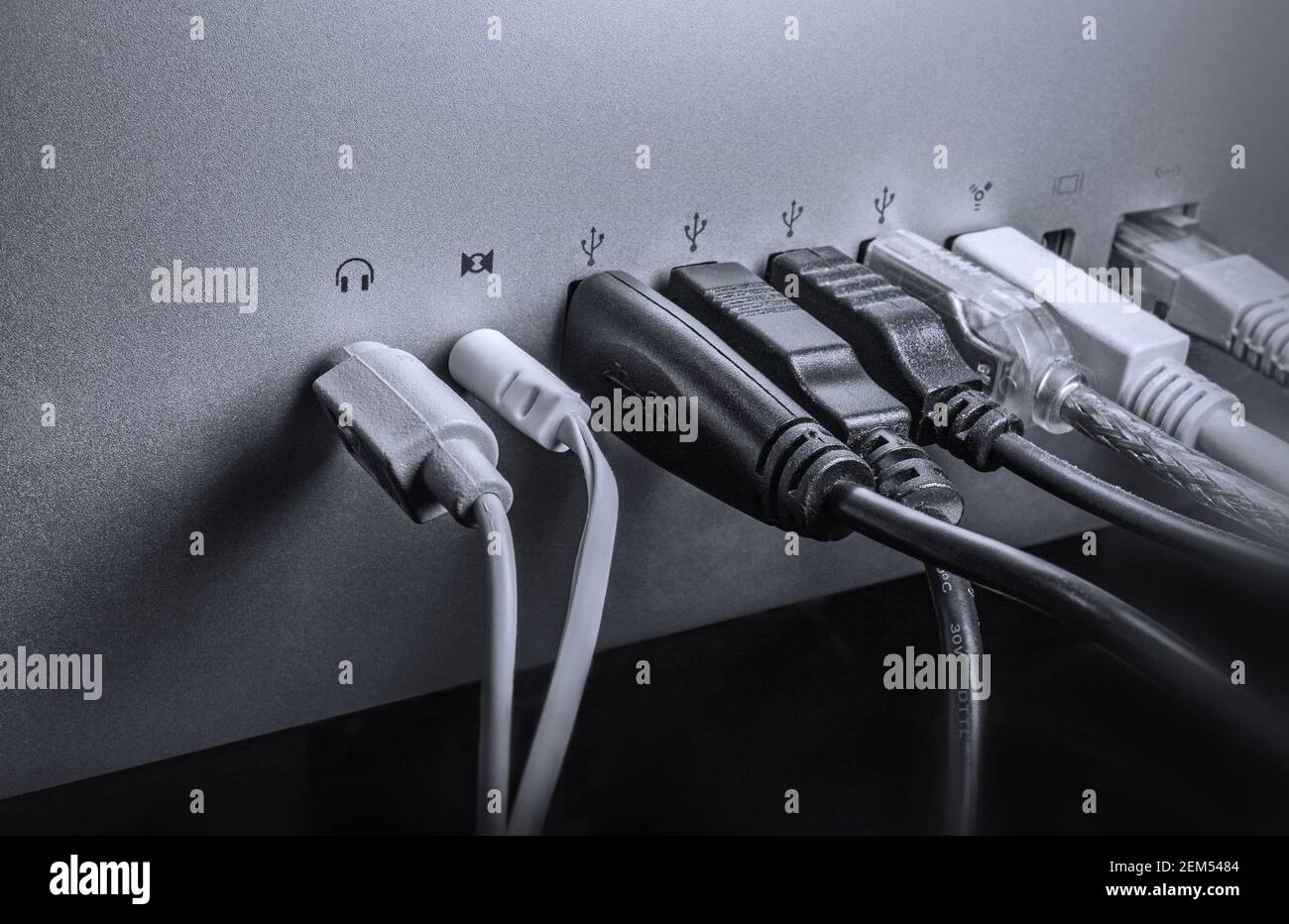 Various ports and connections on the back of the computer Stock Photo ...