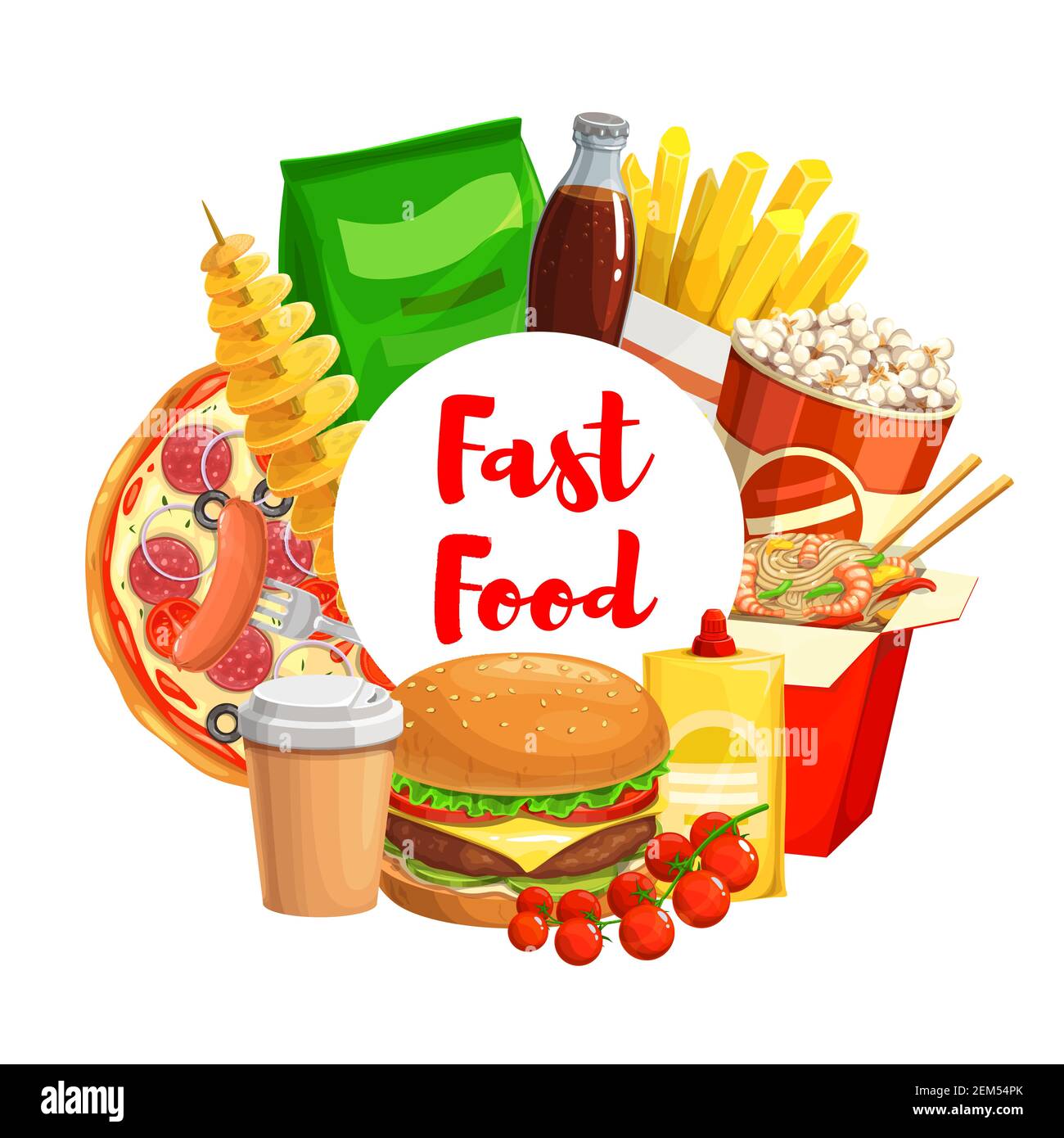Fastfood, takeaway junk food and drinks burger, soda, french fries and ...