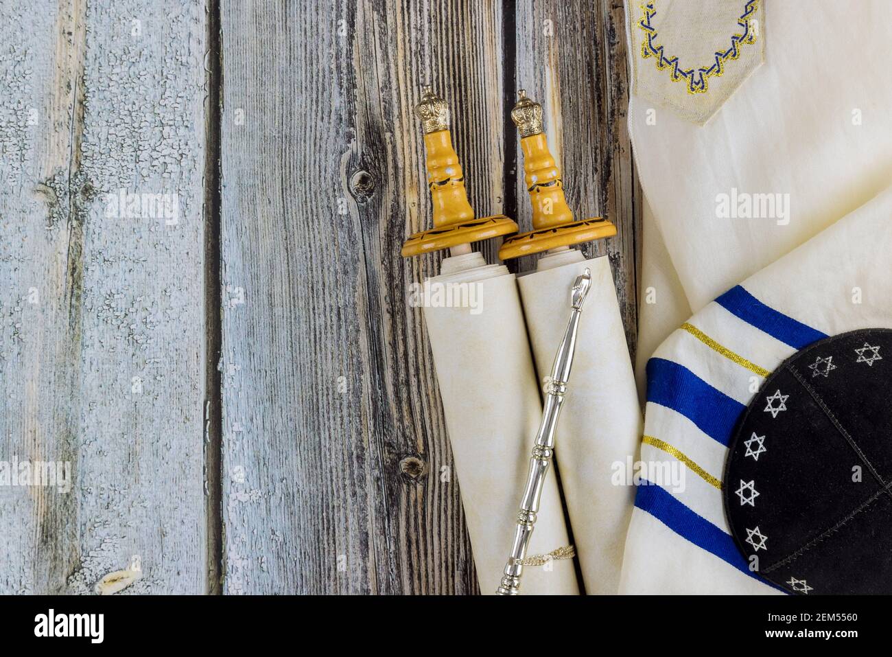 Jewish holidays, during prayer items kippa with prayer shawl tallit on ...