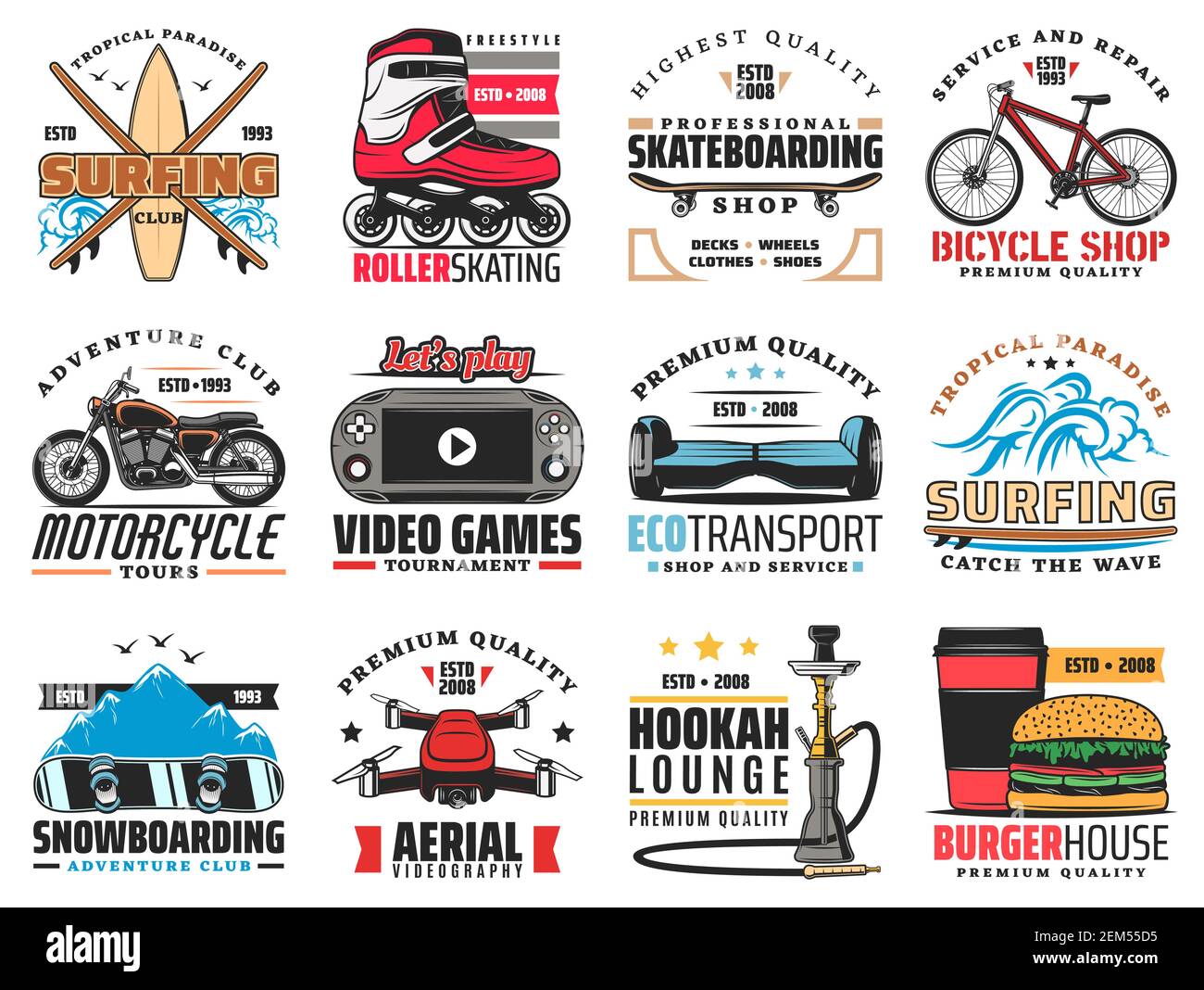 Active recreation and sports activity isolated vector icons. Symbols ...