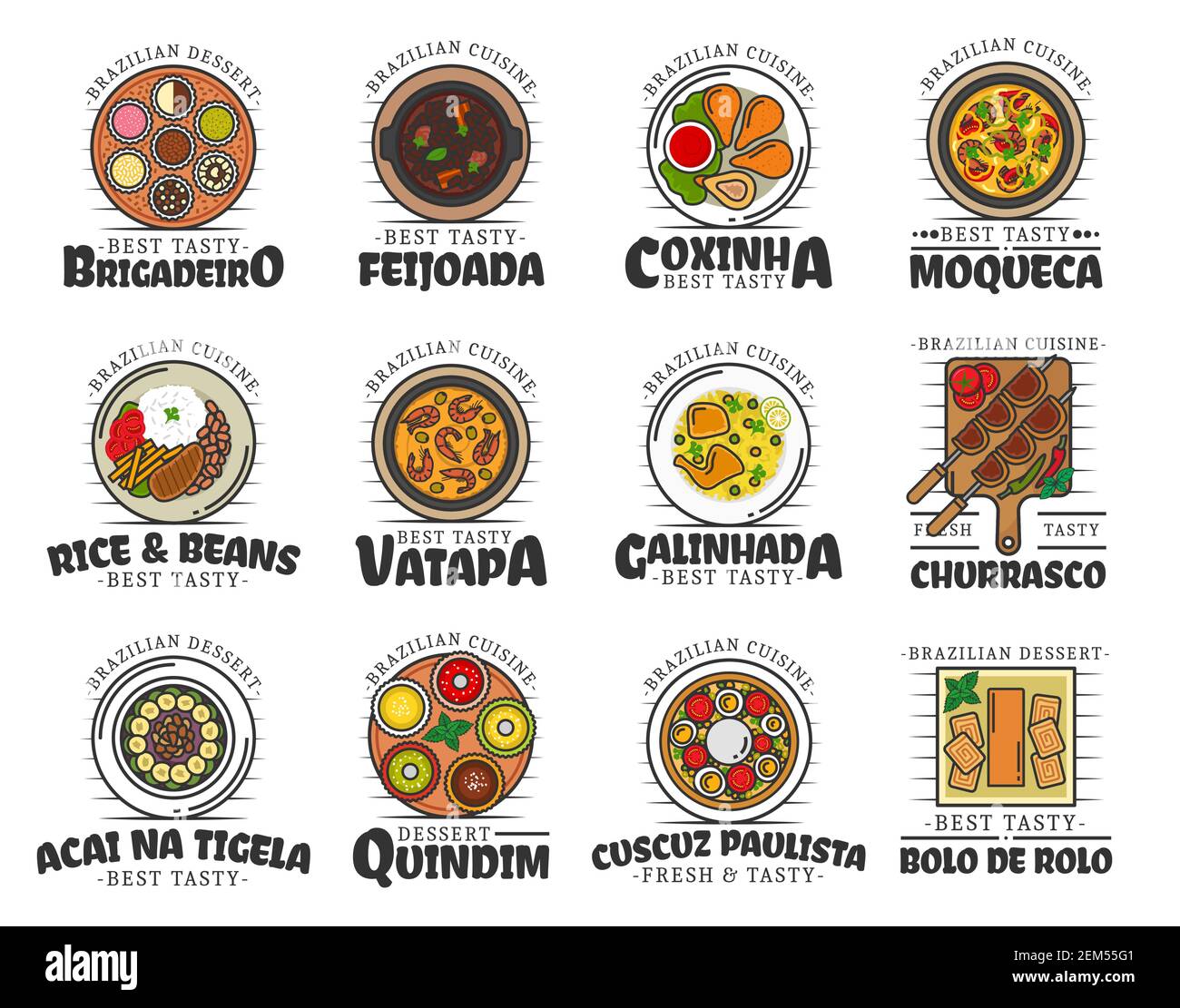 Brazilian cuisine food and desserts isolated. Vector brigadeiro and ...