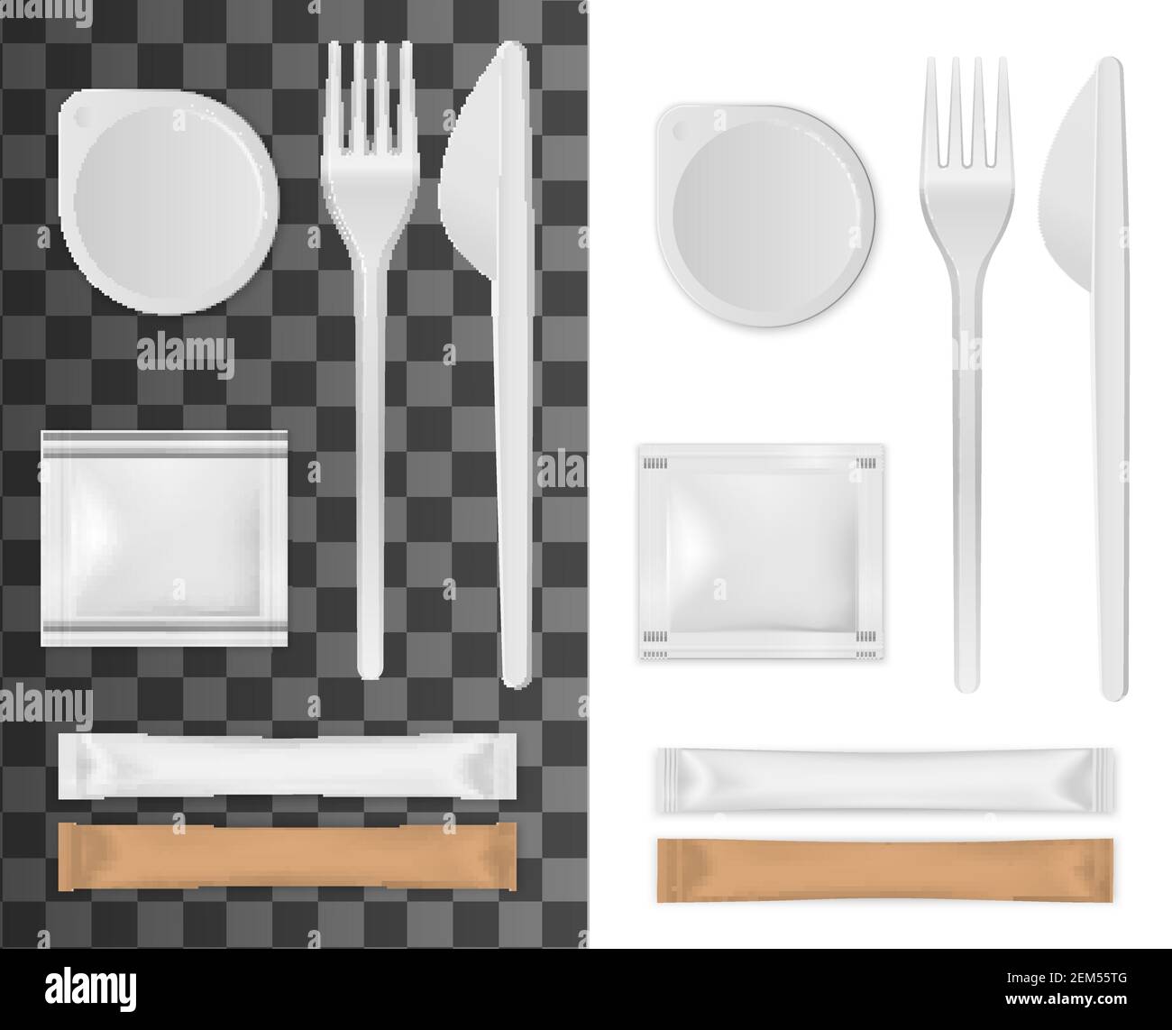 Realistic disposable tableware, salt, sugar and napkins packages set ...