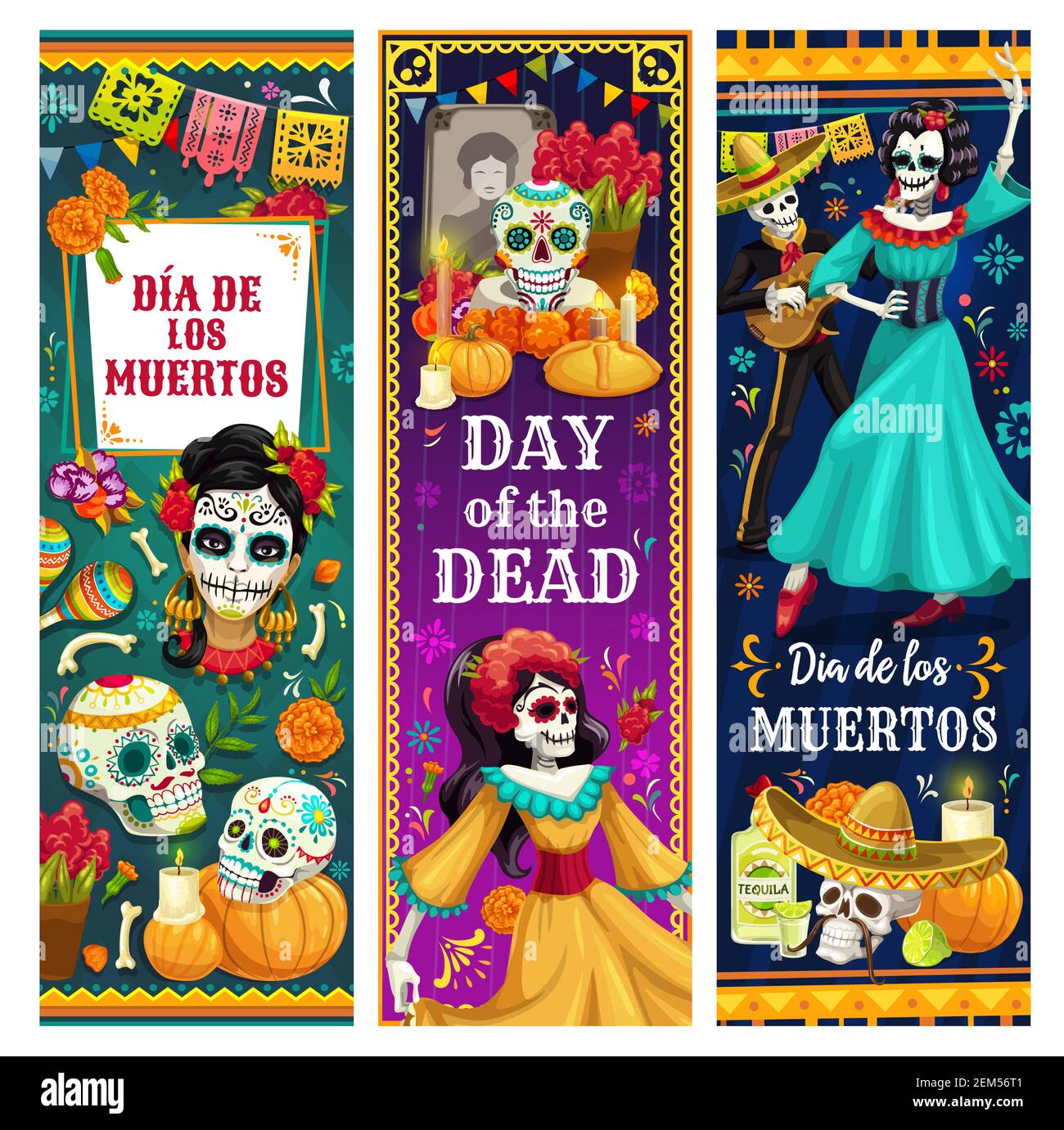 Mexican Day of Dead vector greeting banners of Dia de los Muertos design. Dancing skeletons ...