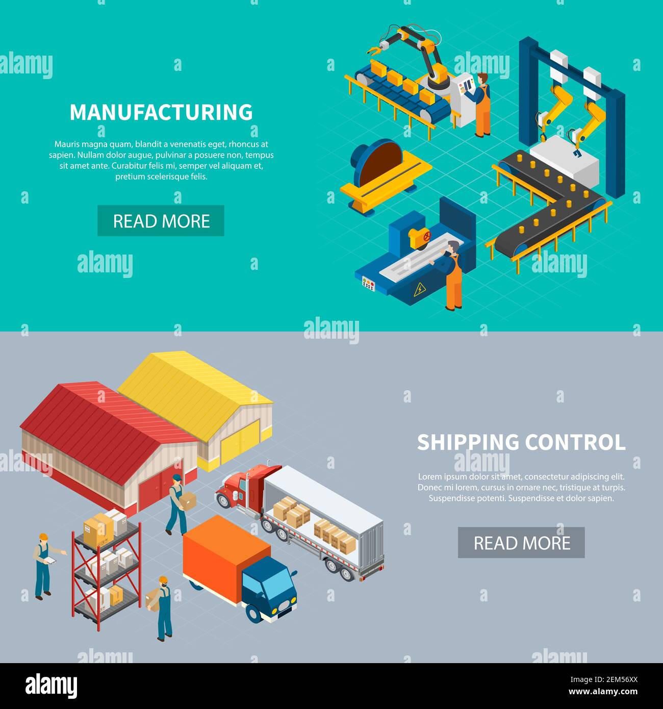 Industrial machines isometric banners set with read more button and ...