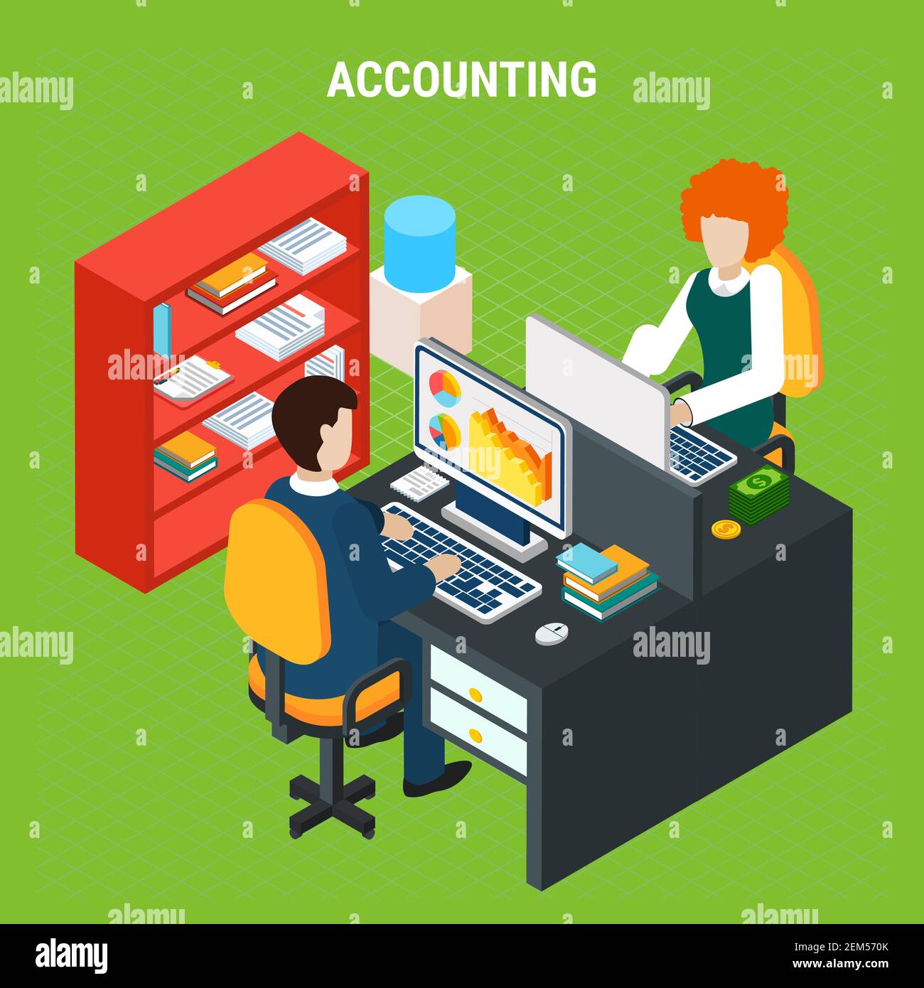 Banking accounting isometric composition on green background with staff ...