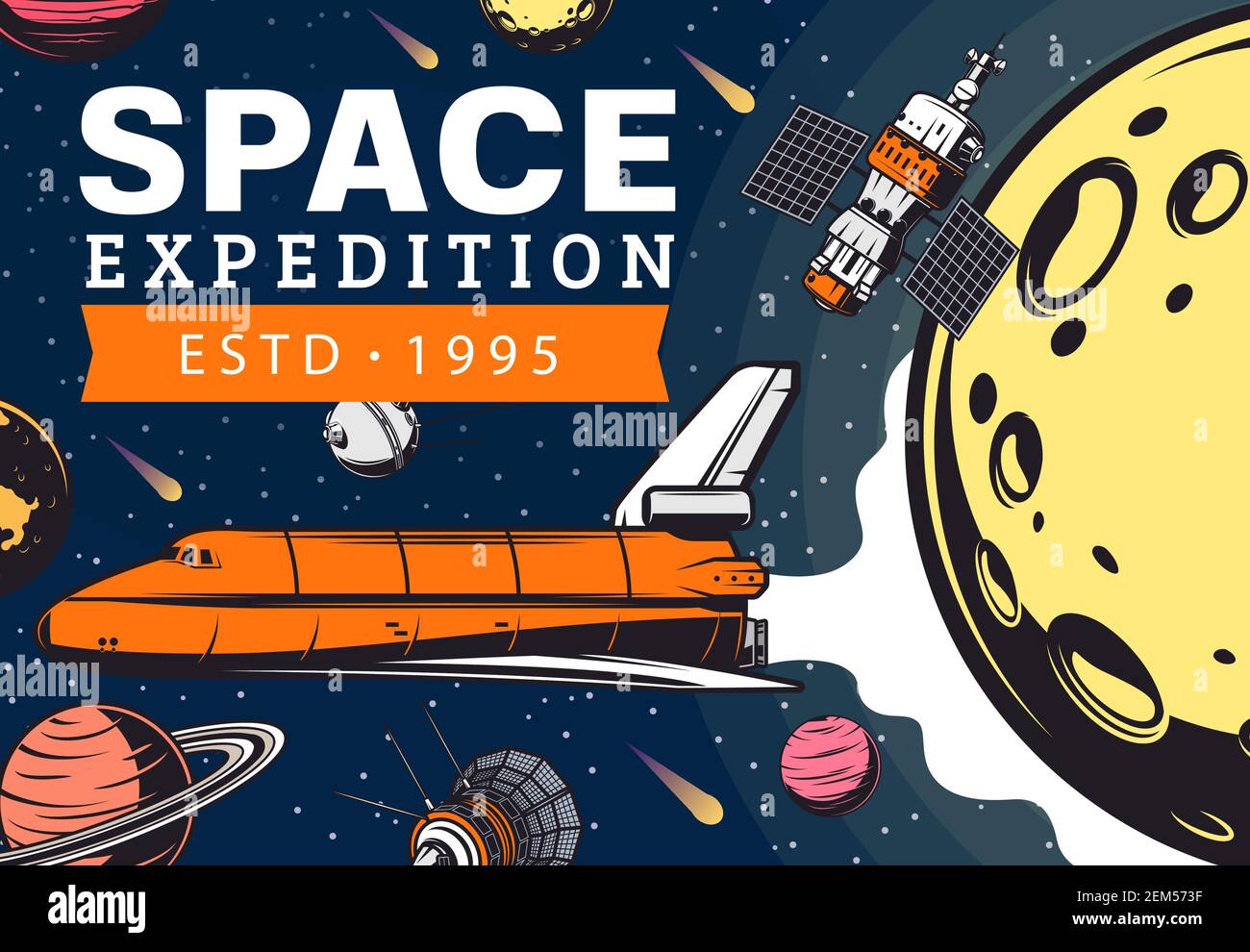 Space expedition flying shuttle. Galaxy exploration and adventure ...