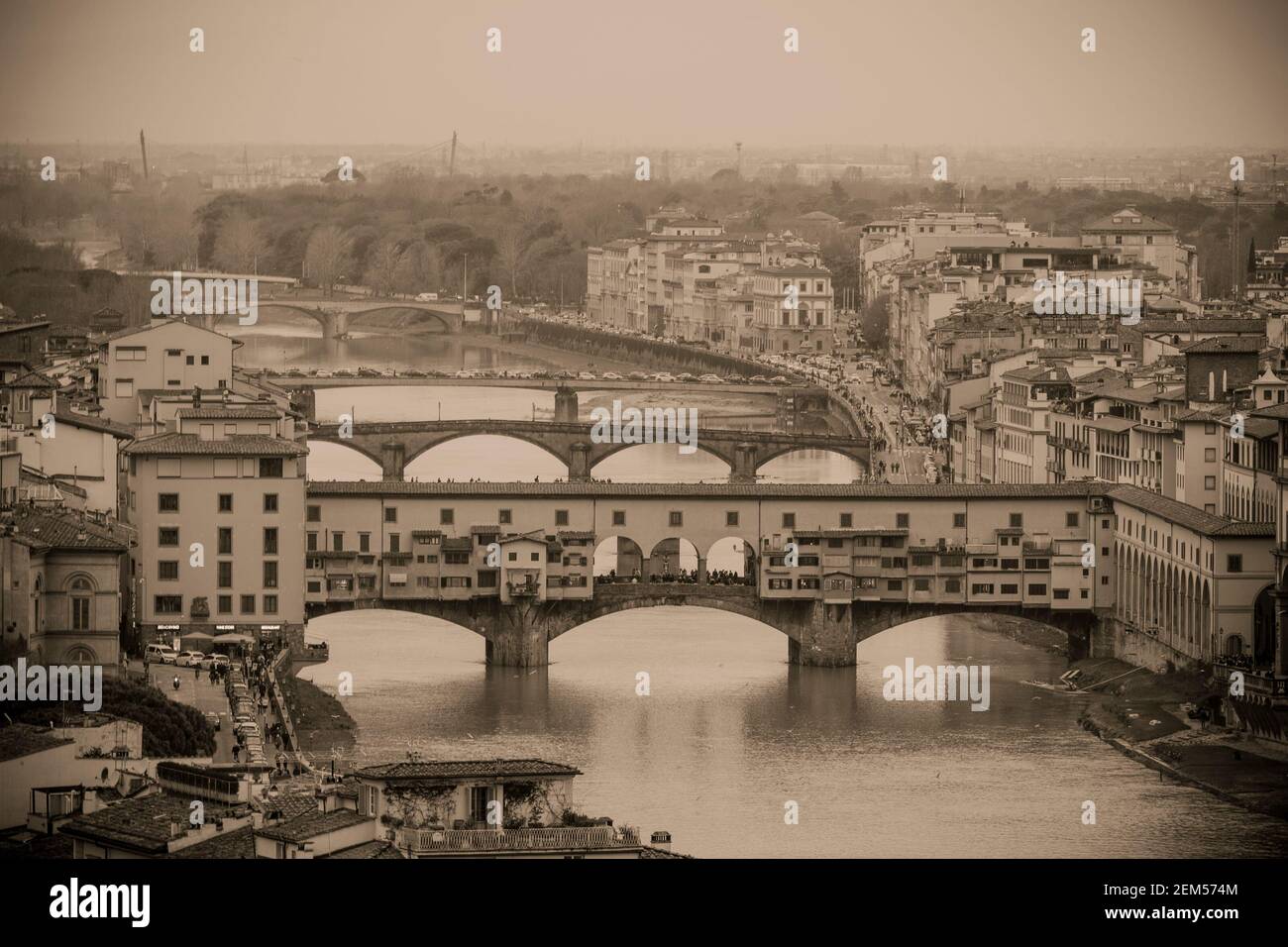 Vintage postcard with panoramic view of the Ponte Vecchio in Florence ...