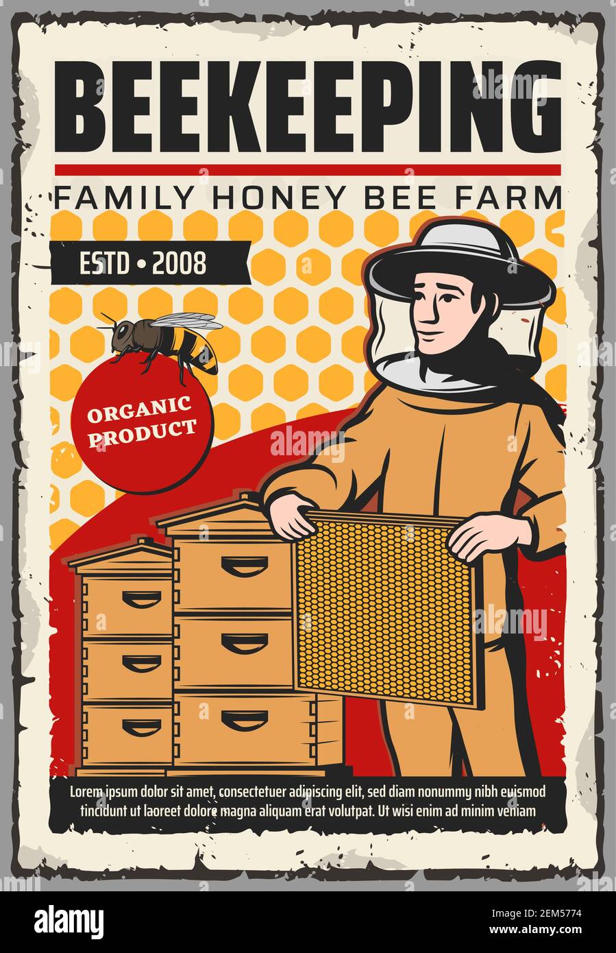 Beekeeping farm with honey bee, beehives and beekeeper vector design ...