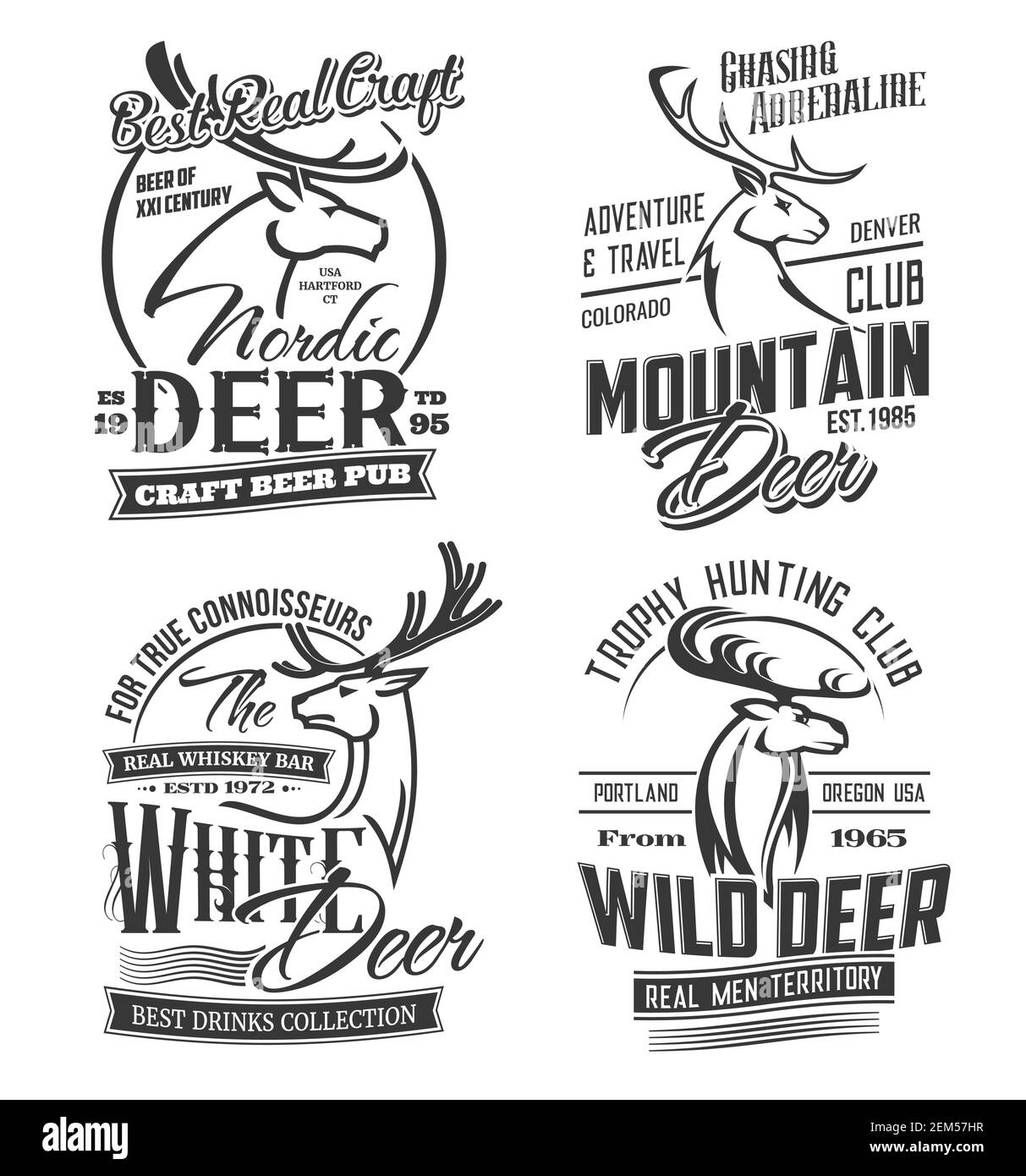 Deer animals silhouettes, hunting and adventure club, craft bar and ...