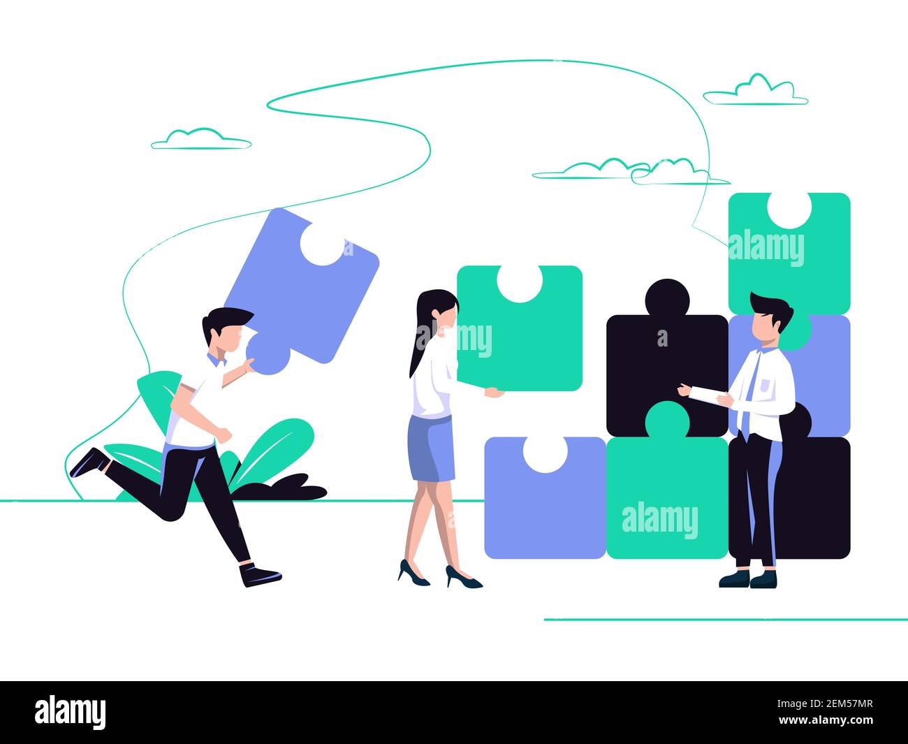 Team metaphor. Teamwork connects puzzle elements. Flat design style ...