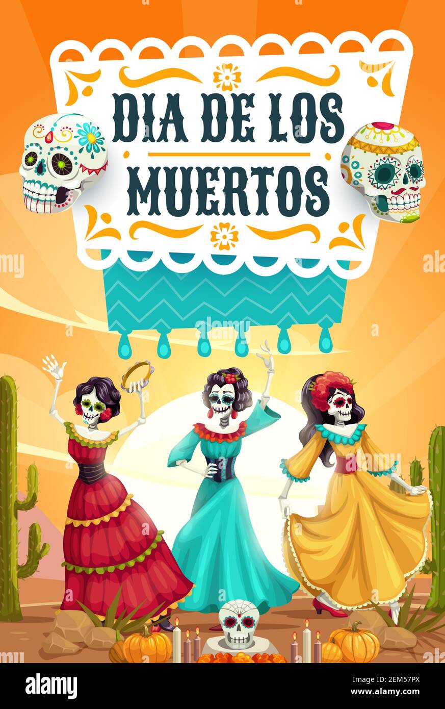Day of Dead, Mexican Dia de los Muertos fiesta, woman skeletons with ...