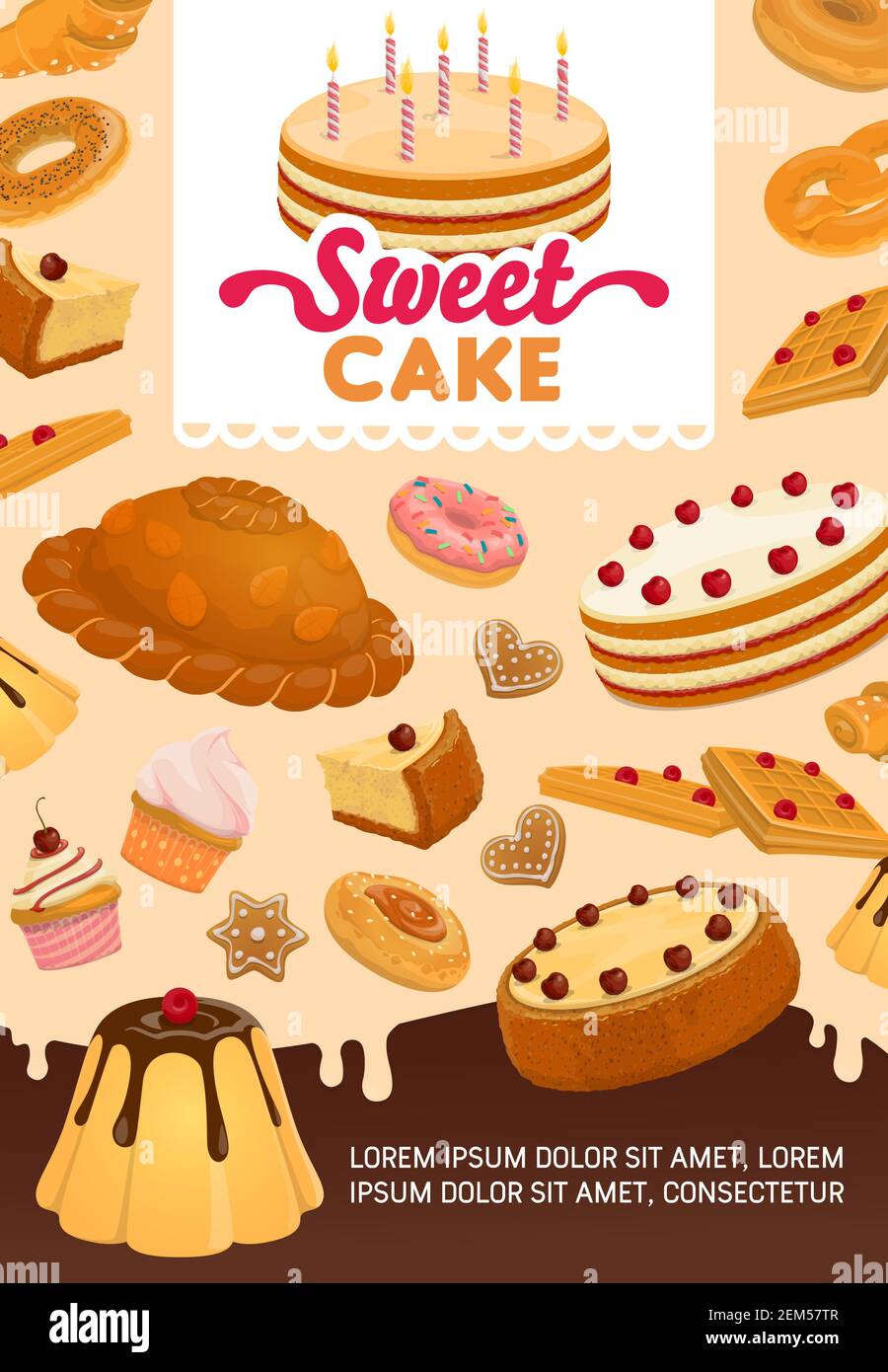 Bakery and pastry desserts vector poster. Sweet pie with candles ...