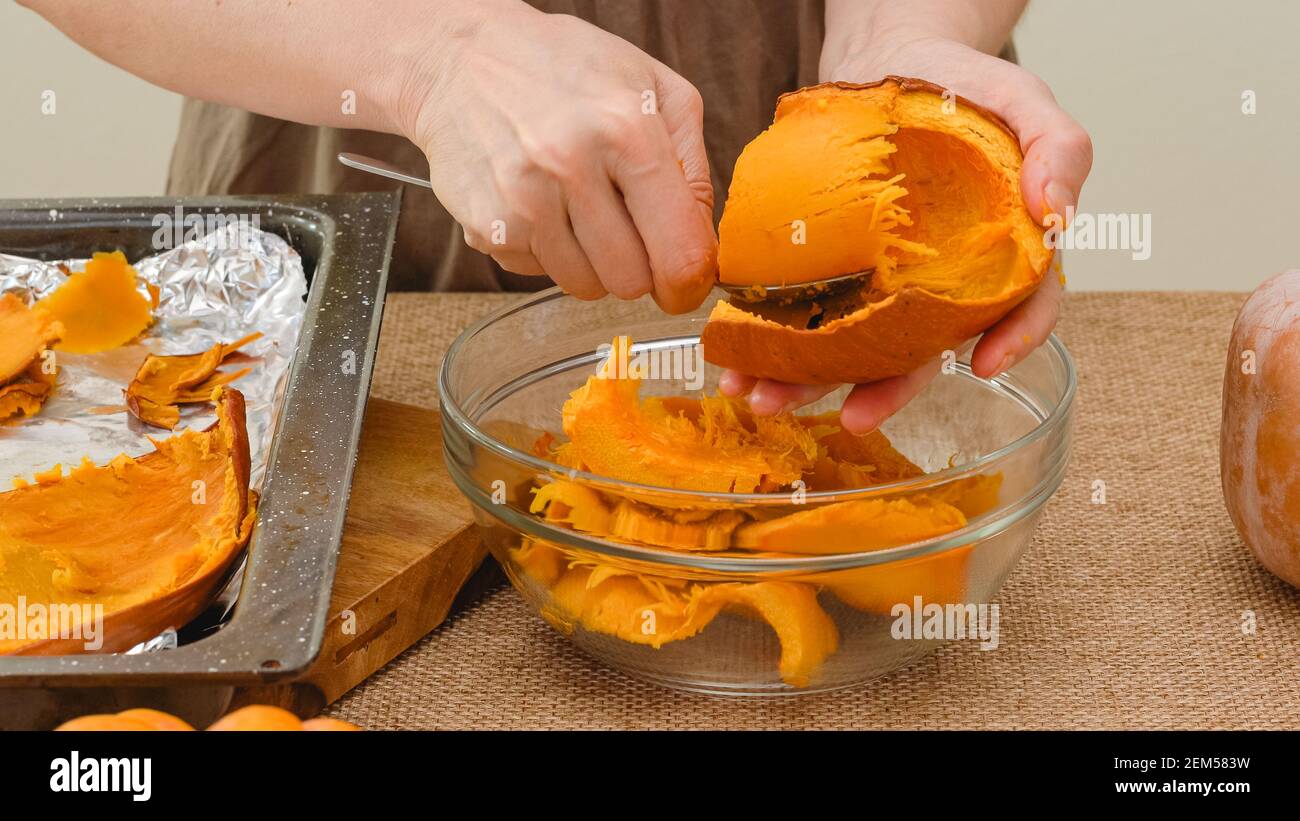 Making pumpkin puree step by step recipe. Scoop out the tender pumpkin ...