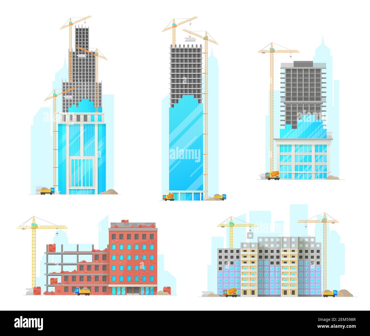 Building construction isolated cartoon vector icons. Industrial working ...
