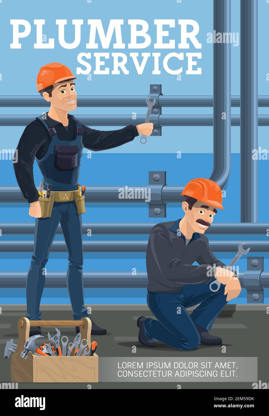 Plumbers service, heating pipes replacement. Vector poster of workers ...