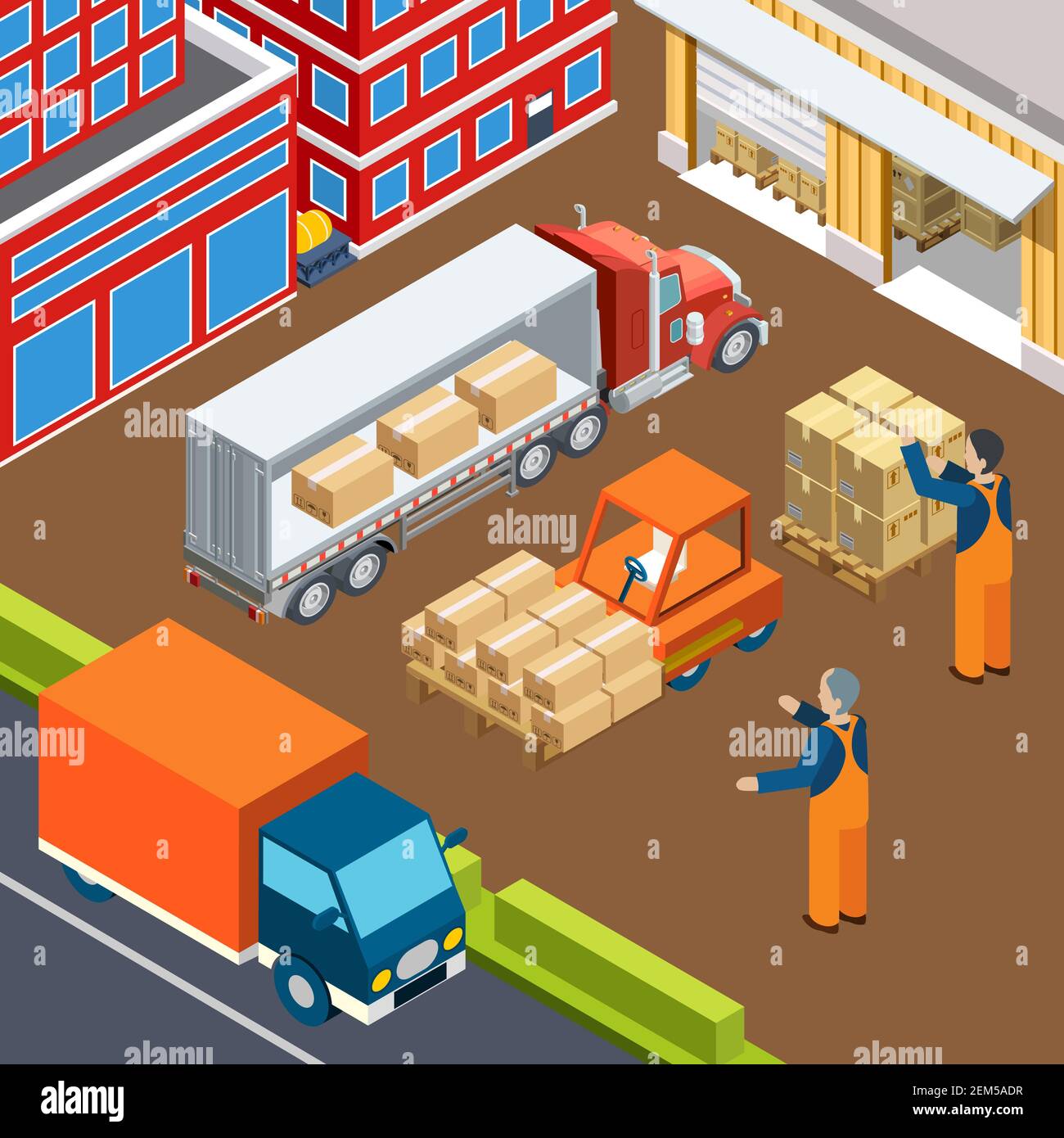 Industrial machines isometric composition with auto loaders trucks and ...