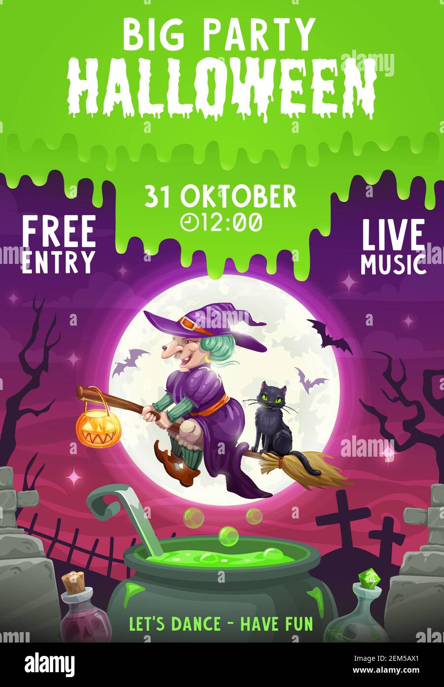 Halloween horror party vector invitation. Witch with pumpkin lantern ...