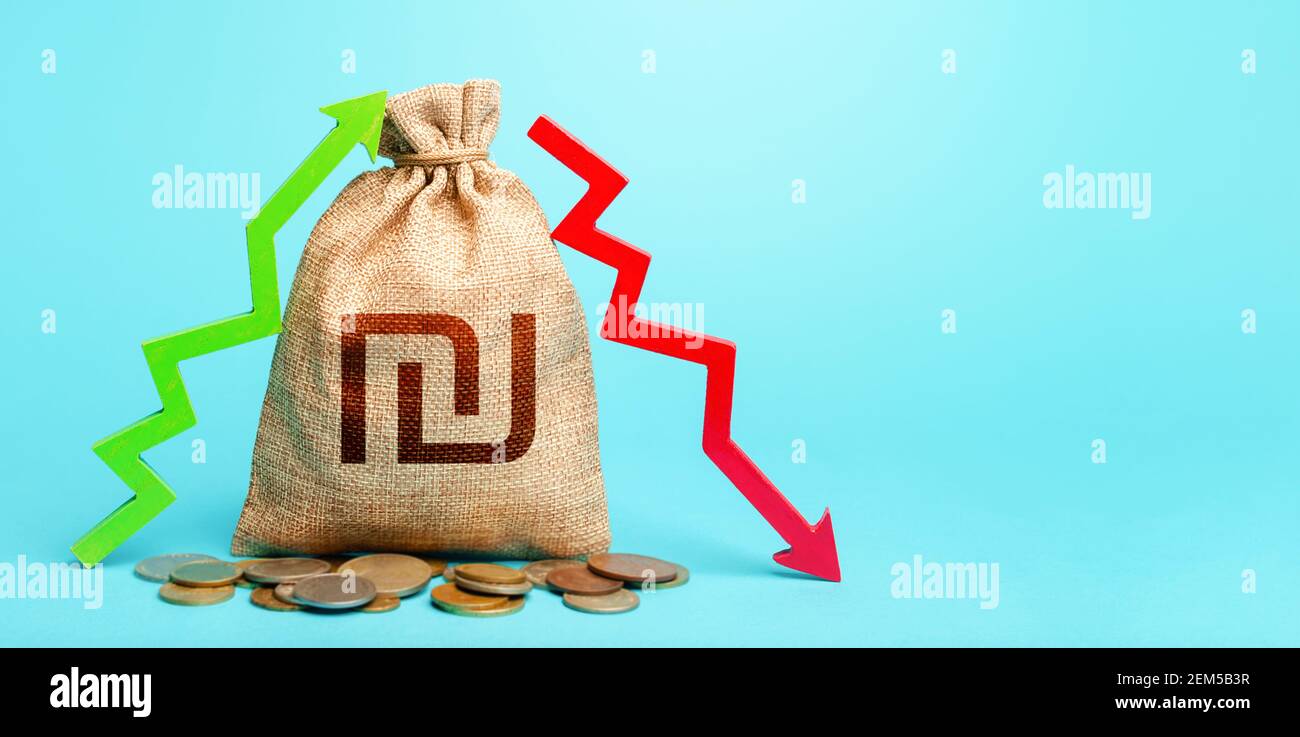 Israeli shekel money bag and two arrows of profit loss. Capital ...