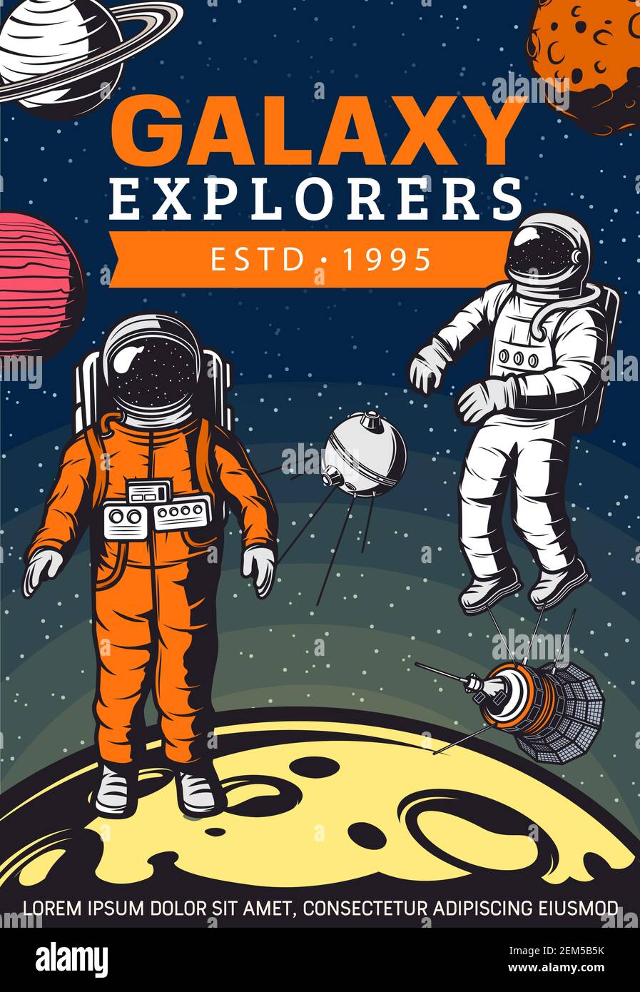 Space exploration retro design with vector rockets, astronauts, planets ...