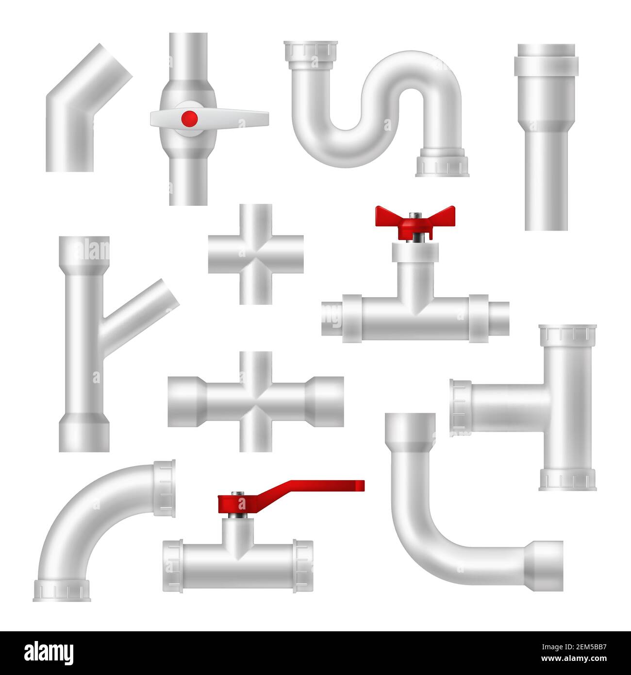 Pipes and tubes plumbing fittings realistic 3d vector set. Metal or ...