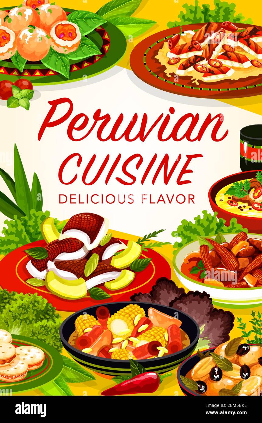 Peruvian cuisine vector frame of vegetable dishes with fish, seafood ...