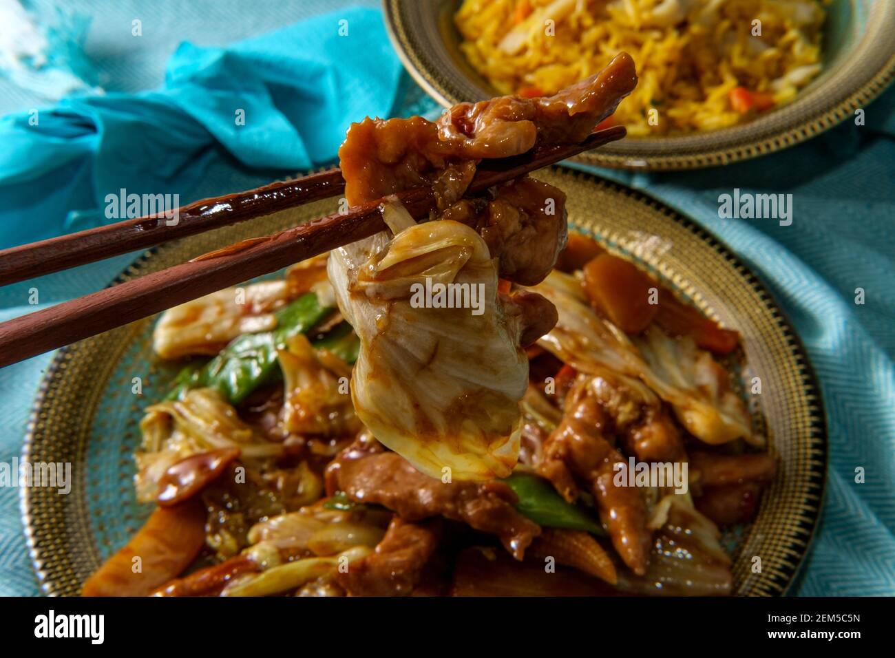 Chinese cuisine double cooked pork with cabbage and chicken fried rice ...