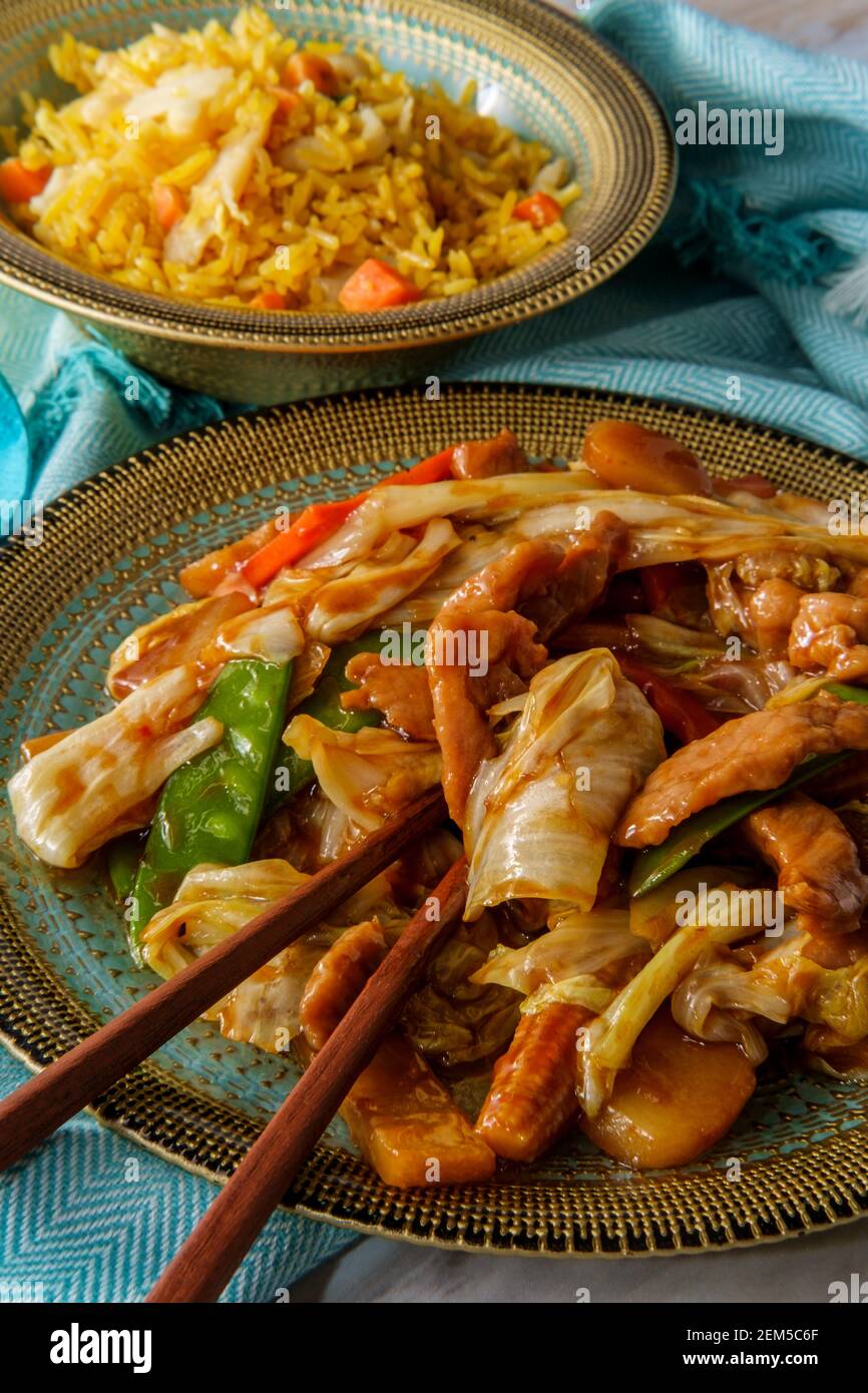 Chinese cuisine double cooked pork with cabbage and chicken fried rice ...