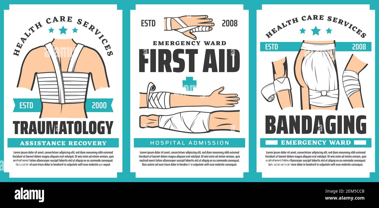 First aid and trauma bandaging posters. Vector hospital admission ...