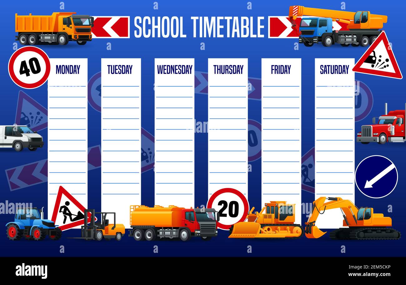 School timetable education vector schedule template with heavy vehicles ...
