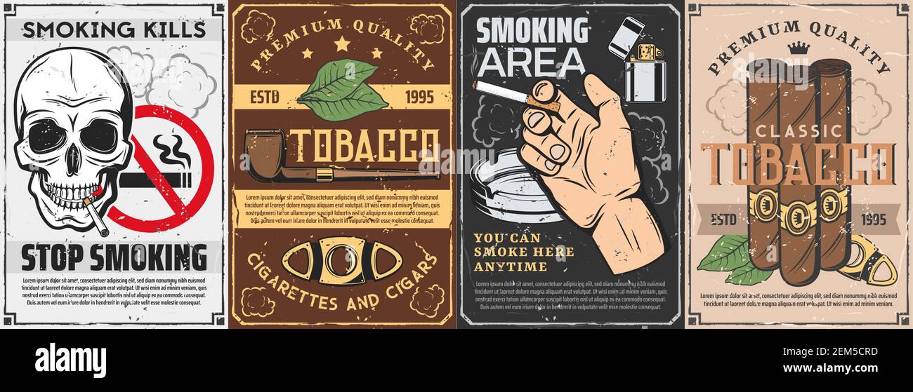 Tobacco and smoking items retro posters. Vector cigars, pipe with ...