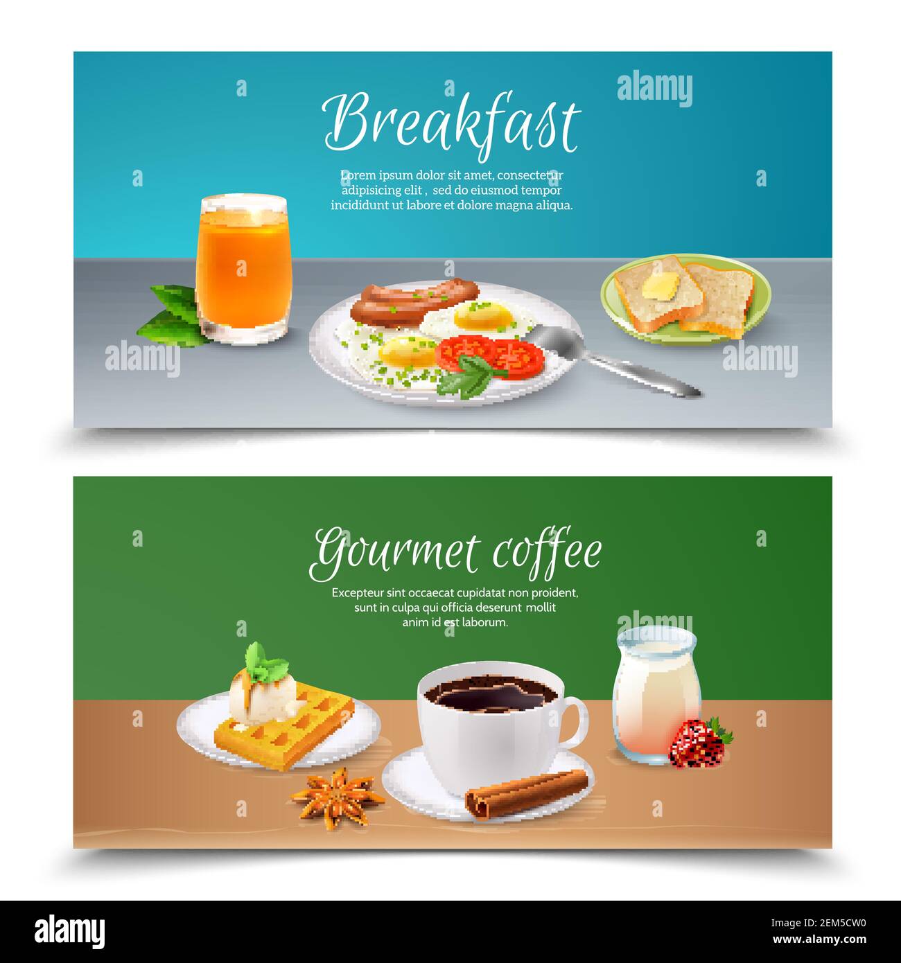 Realistic set of two horizontal banners with served tasty breakfast ...