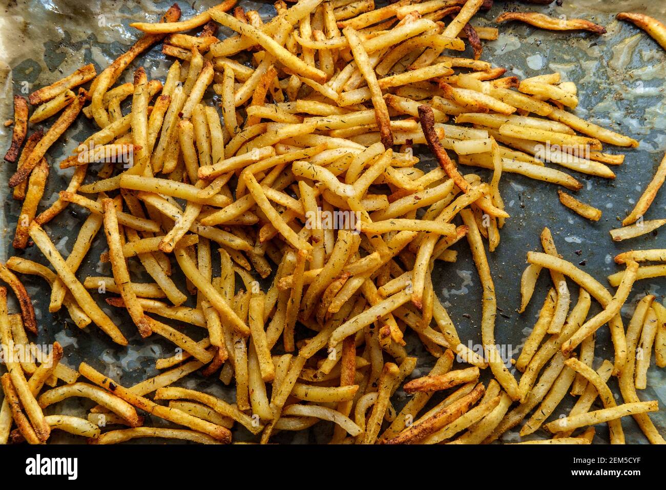 American home-made shoestring French fried potatoes background Stock ...