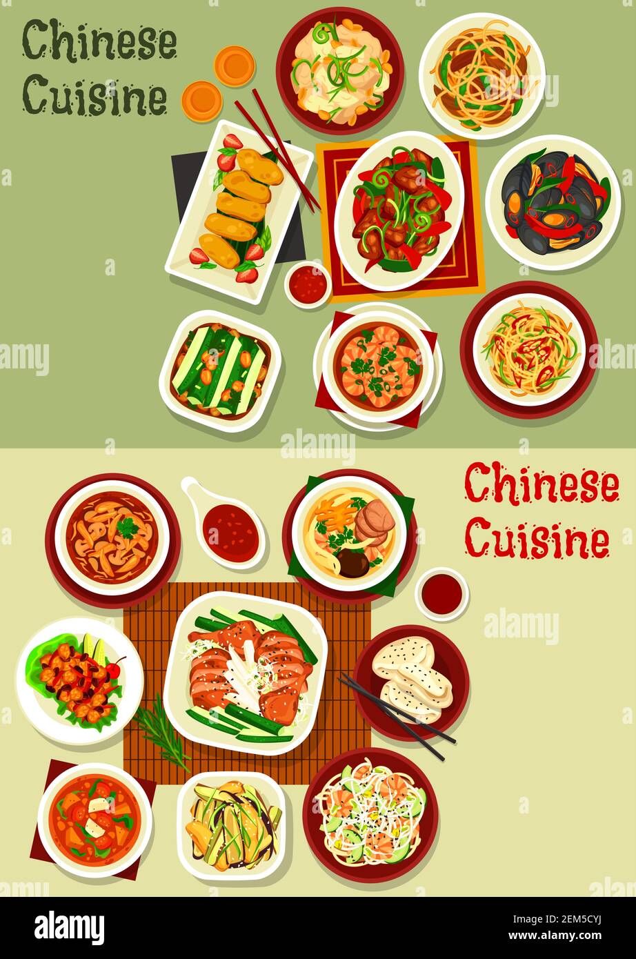 Chinese cuisine vector design with seafood, meat, vegetables and ...