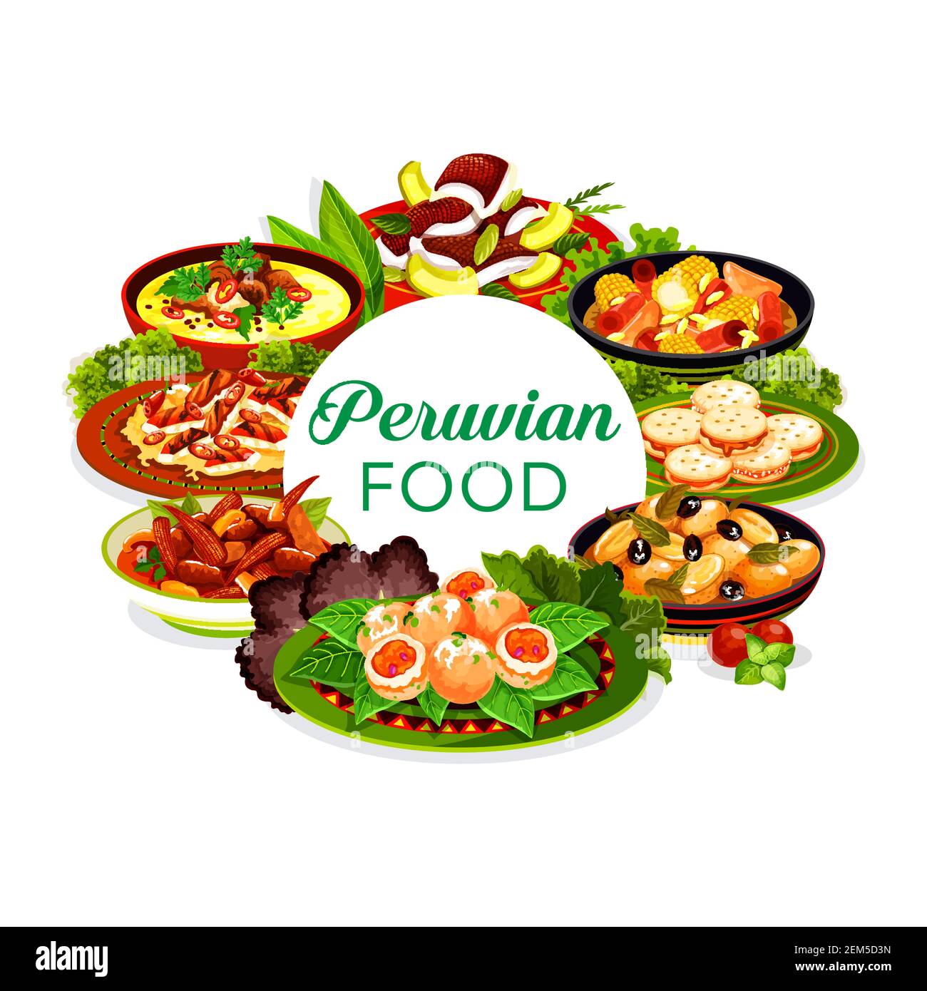 Peruvian food vector icon with fish ceviche, meat vegetable stews and ...