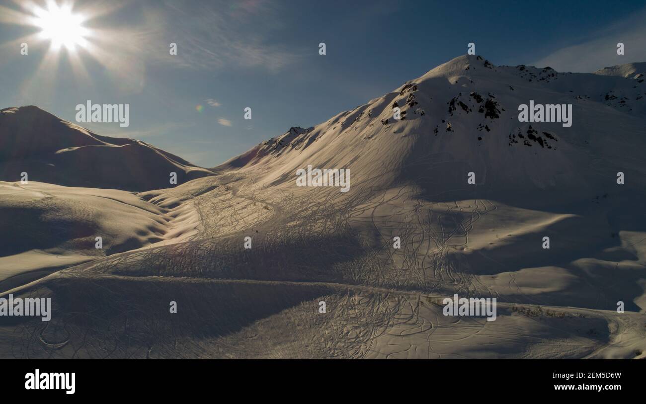 Aerial Alaska. Tracks in the snow. Hatcher Pass, Alaska Stock Photo - Alamy