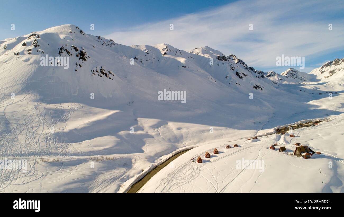 Aerial Alaska. Tracks in the snow. Hatcher Pass, Alaska Stock Photo - Alamy