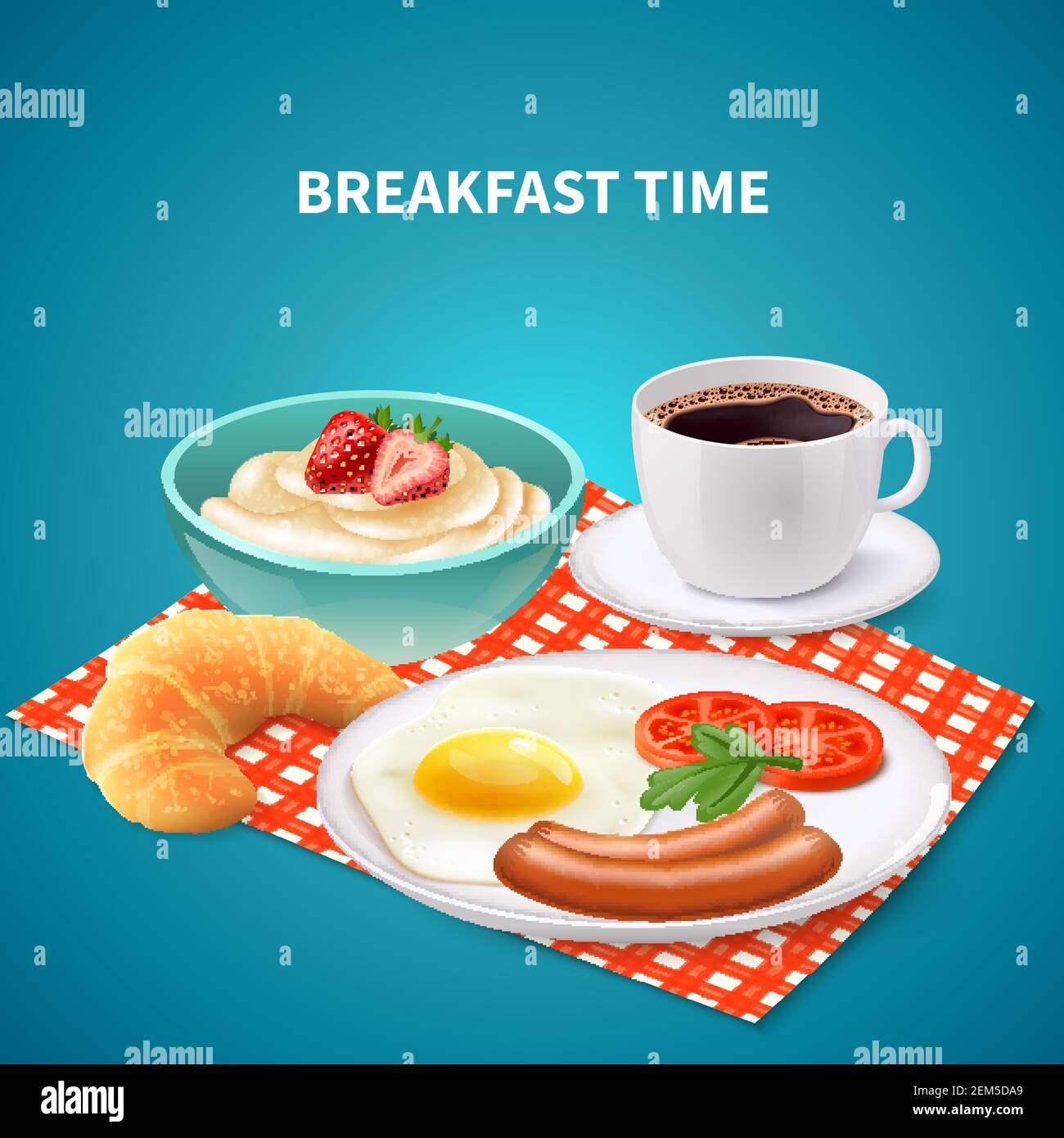 Realistic breakfast time background with porridge eggs sausages ...