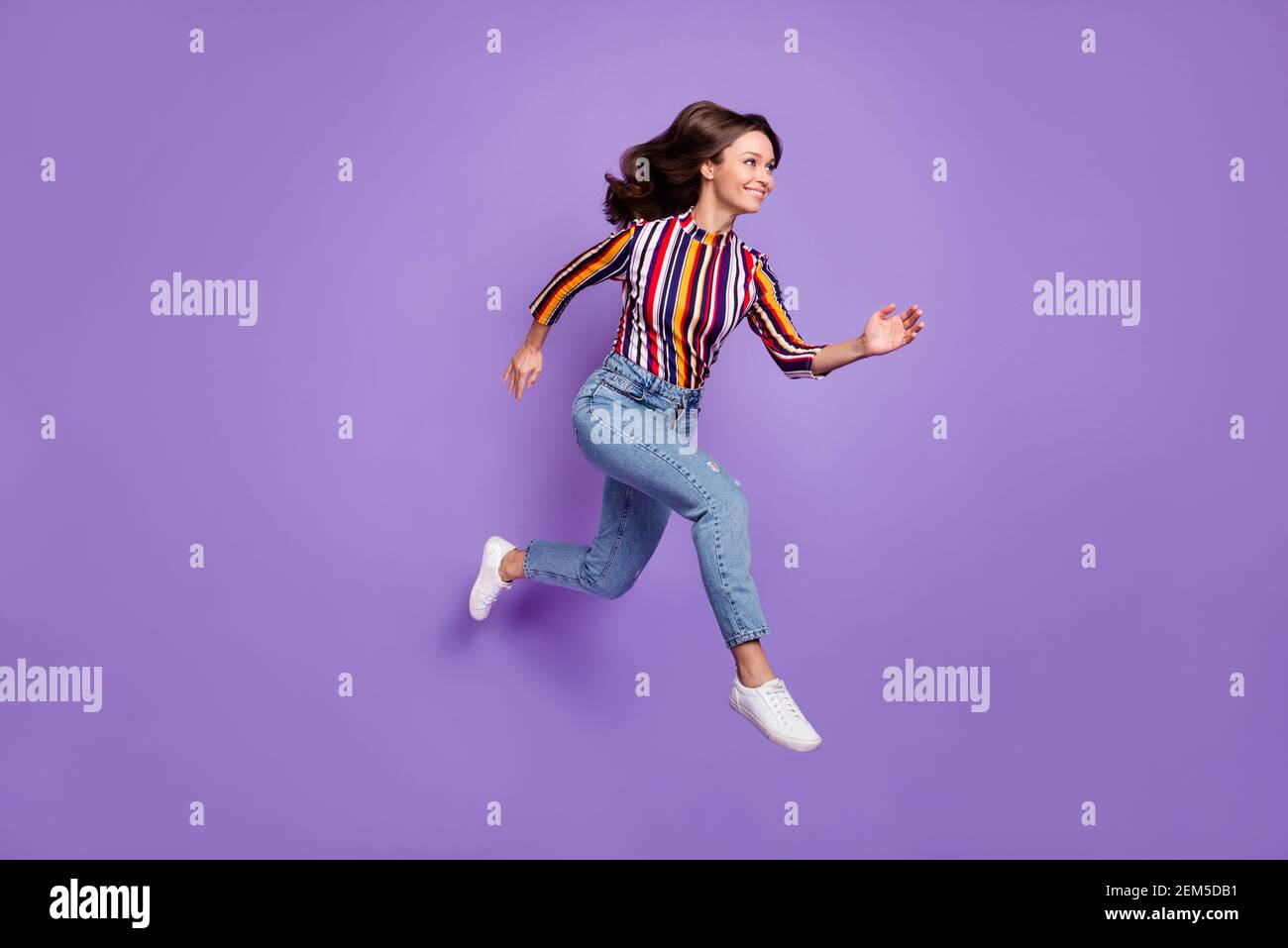 Full length body size photo of pretty girl jumping up running fast on ...