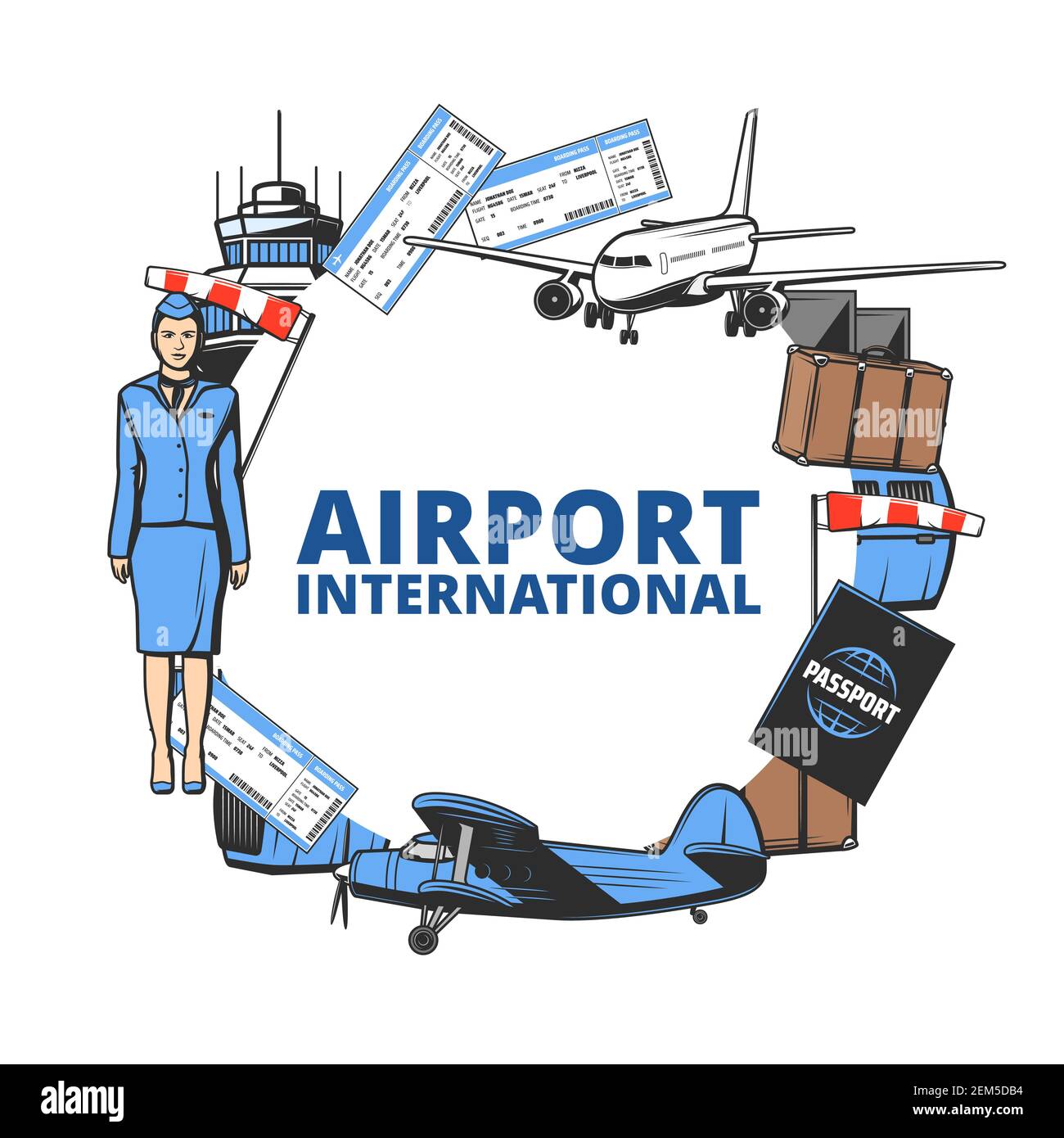 Airport and air travel vector icon with plane, passport and tower ...