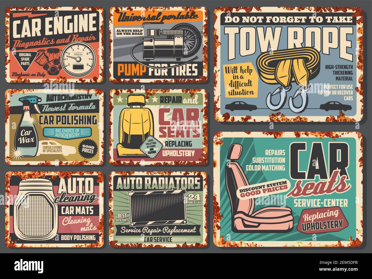 Car service rusty plates and retro posters, auto mechanic garage and ...