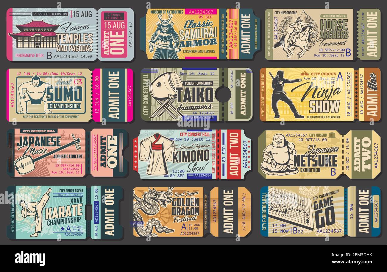 Ticket templates of Japanese travel vector design. Entrance coupons of ...
