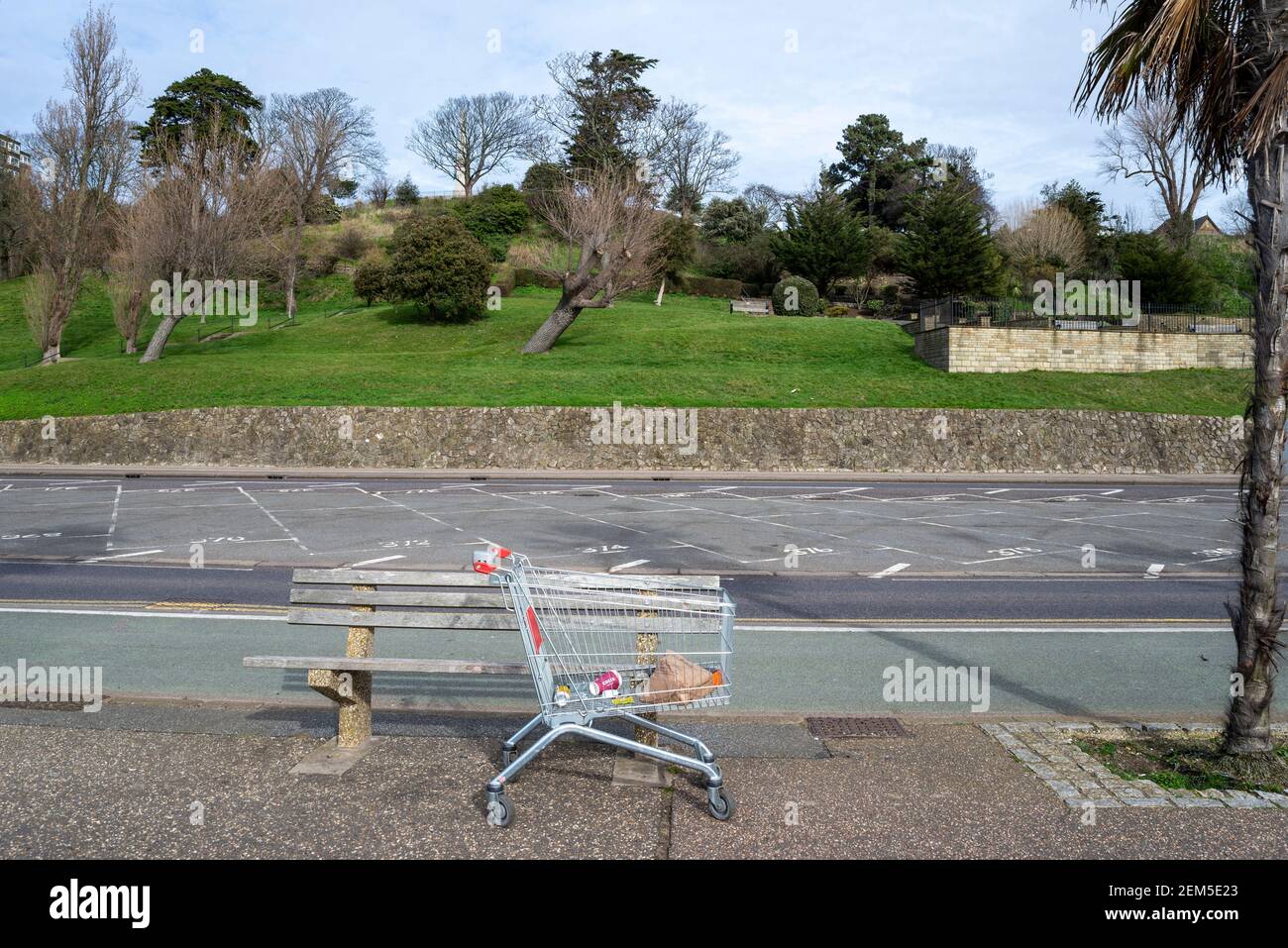 Abandoned shopping trolley on the seafront in Southend on Sea, Essex ...