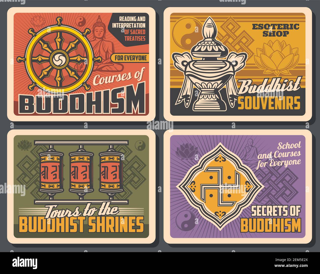 Buddhism religion, meditation and Buddha worship vintage retro posters ...