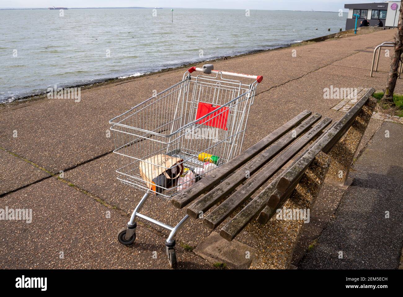 Abandoned shopping trolley on the seafront in Southend on Sea, Essex ...