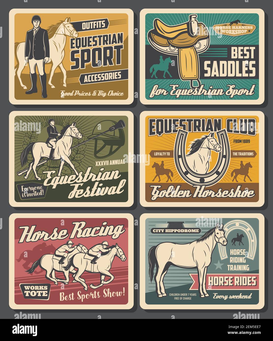 Horse rides and equestrian races sport club vintage retro posters ...