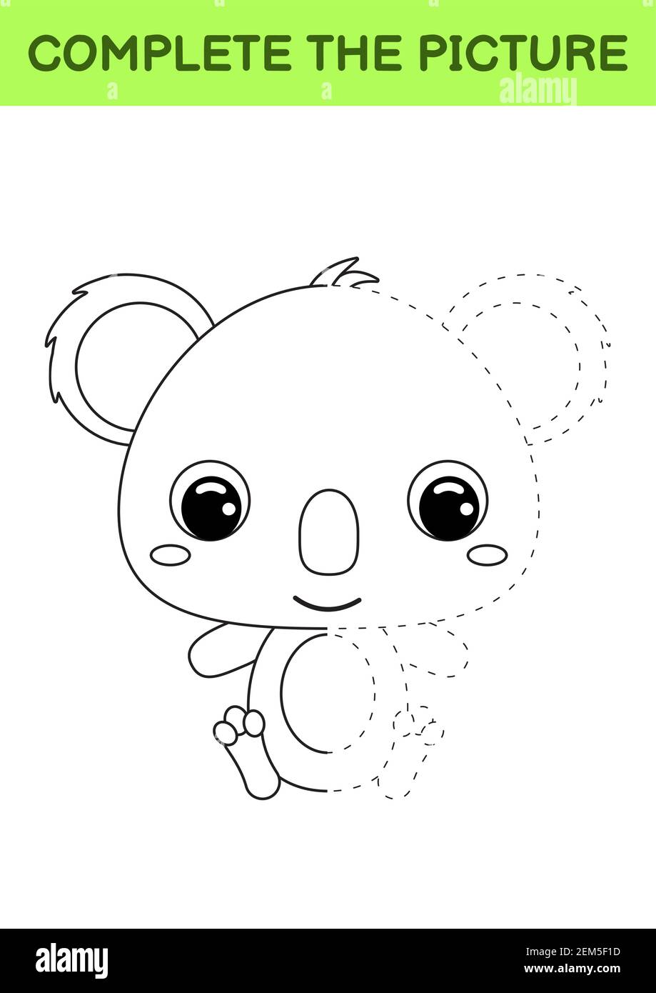 Complete drawn picture of cute koala. Coloring book. Dot copy game ...