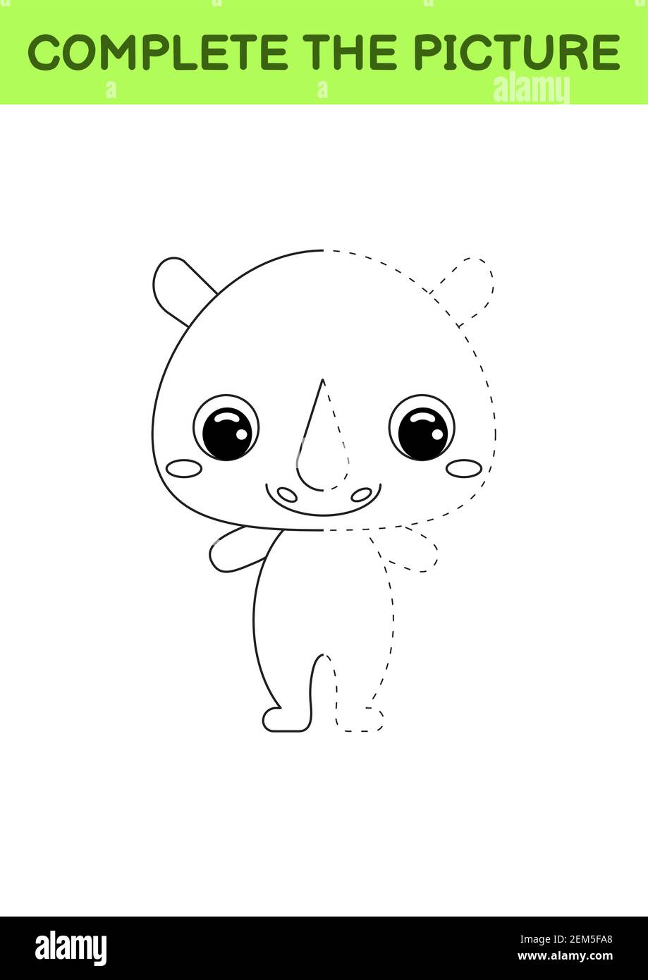 Complete drawn picture of cute rhino. Coloring book. Dot copy game ...